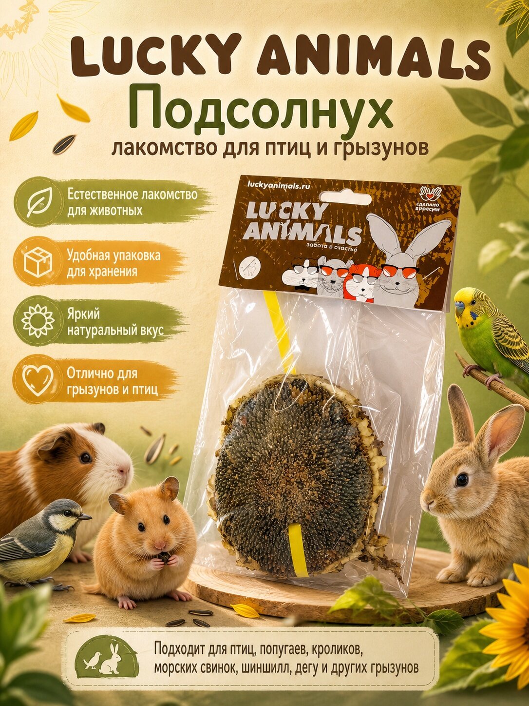 LUCKY ANIMALS, Подсолнух, лакомство для птиц и грызунов, 1уп*1шт