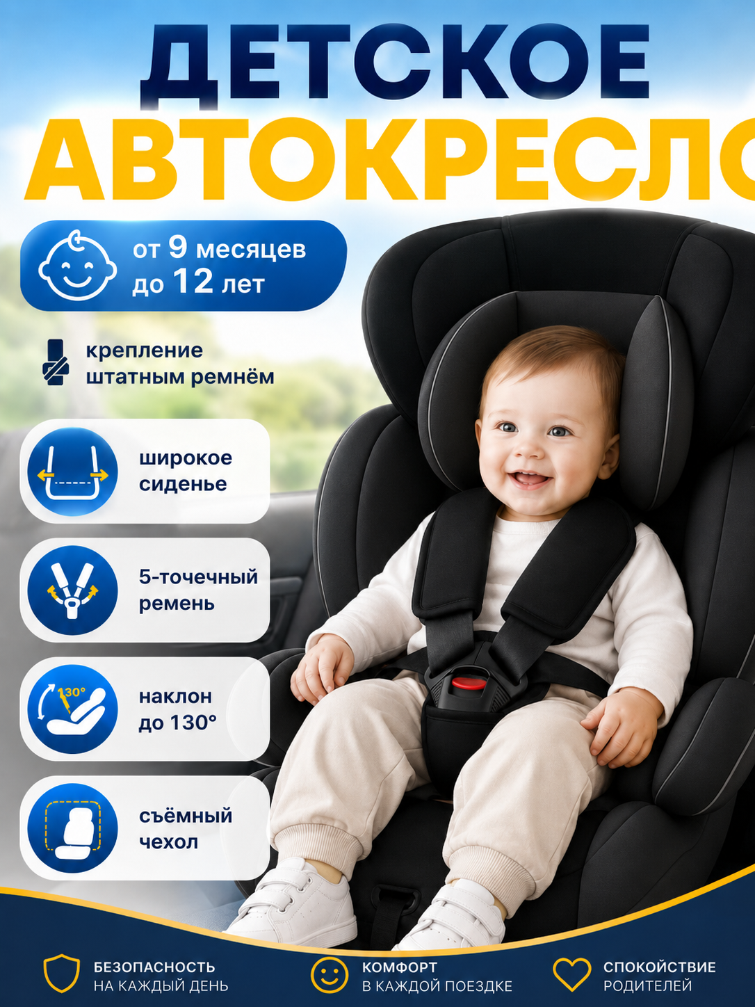 Детское автокресло 9мес-12лет, 5-точечные ремни | Сертификат ECE R129 | Регулируемая спинка