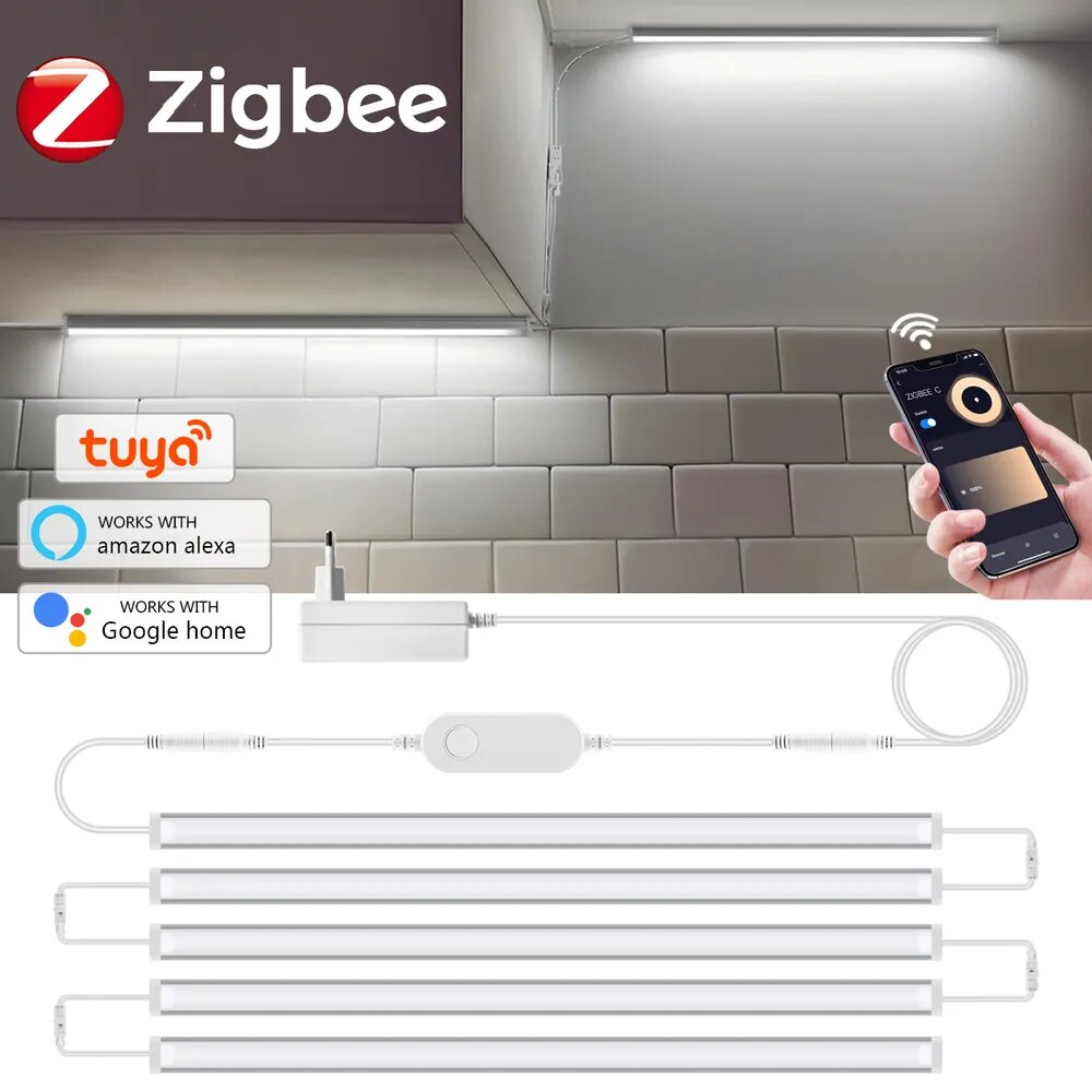 5X50CM Tuya Zigbee Комплект светодиодных светильников для шкафов Алюминиевая трубка WiFi с регулируемой яркостью для украшения кухонной полки в шкафу