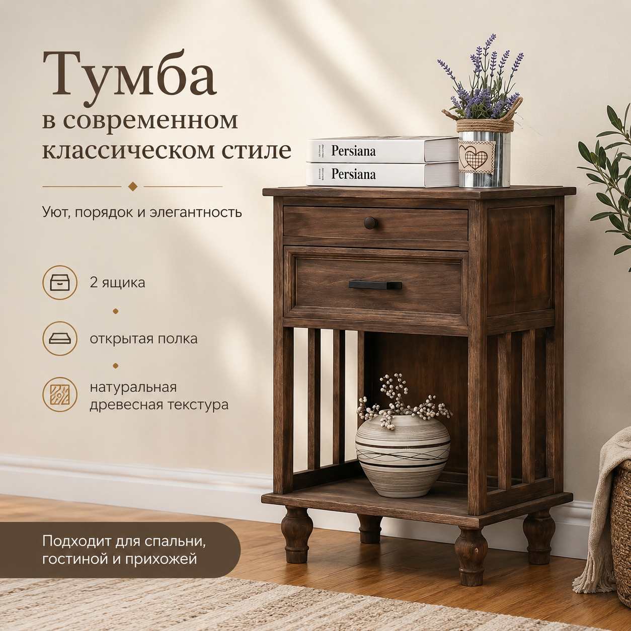 Тумба прикроватная, напольная, материал корпуса фанера, цвет коричневый