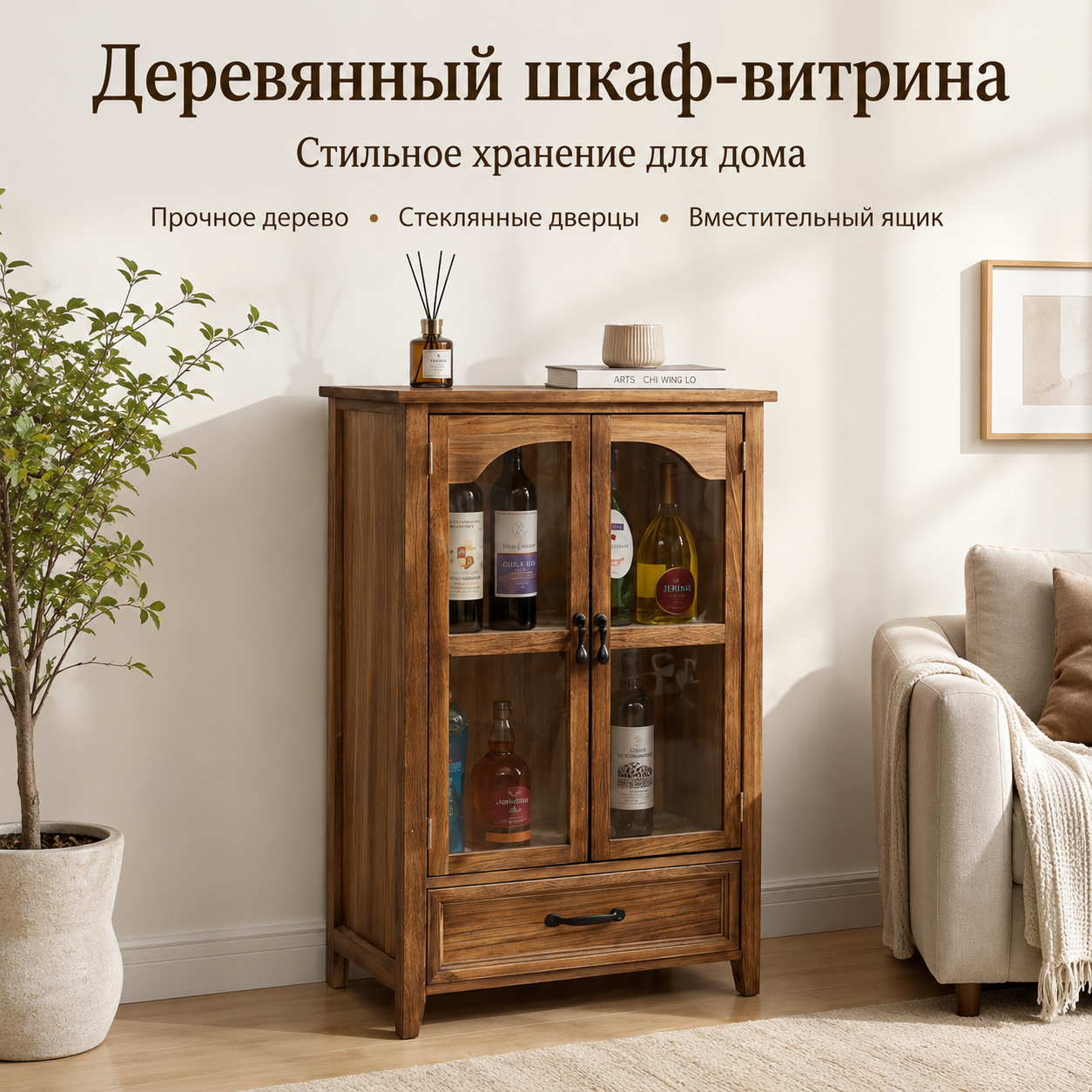 Шкаф-витрина "Ретро", цвет коричневый, массив дерева, 2 двери, 35х94х60 см
