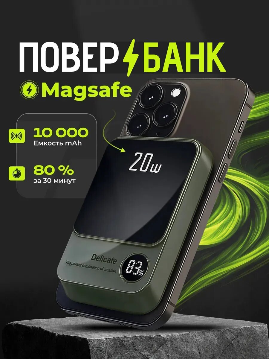 Внешний магнитный аккумулятор, Повербанк для Айфона с быстрой беспроводной зарядкой / Power Bank 20 Ватт 10000mAh