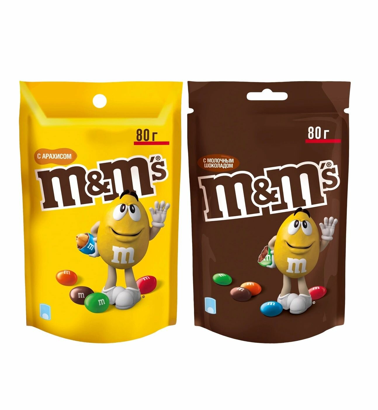 Драже M&M's с арахисом 80 г и молочным шоколадом 80 г