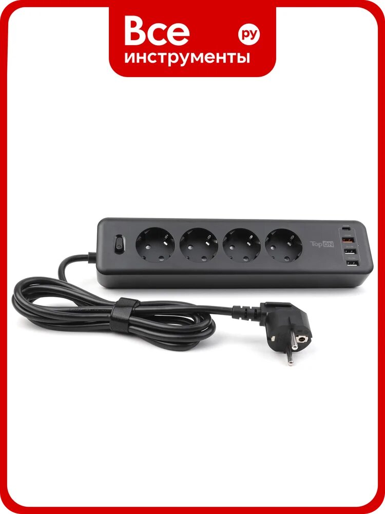 Сетевой фильтр TopOn TOP-PWS4 4 розетки, 3 USB, Type-C, PD 20W QC3.0, 4000W, 3м Черный TOP-PWS4B-3
