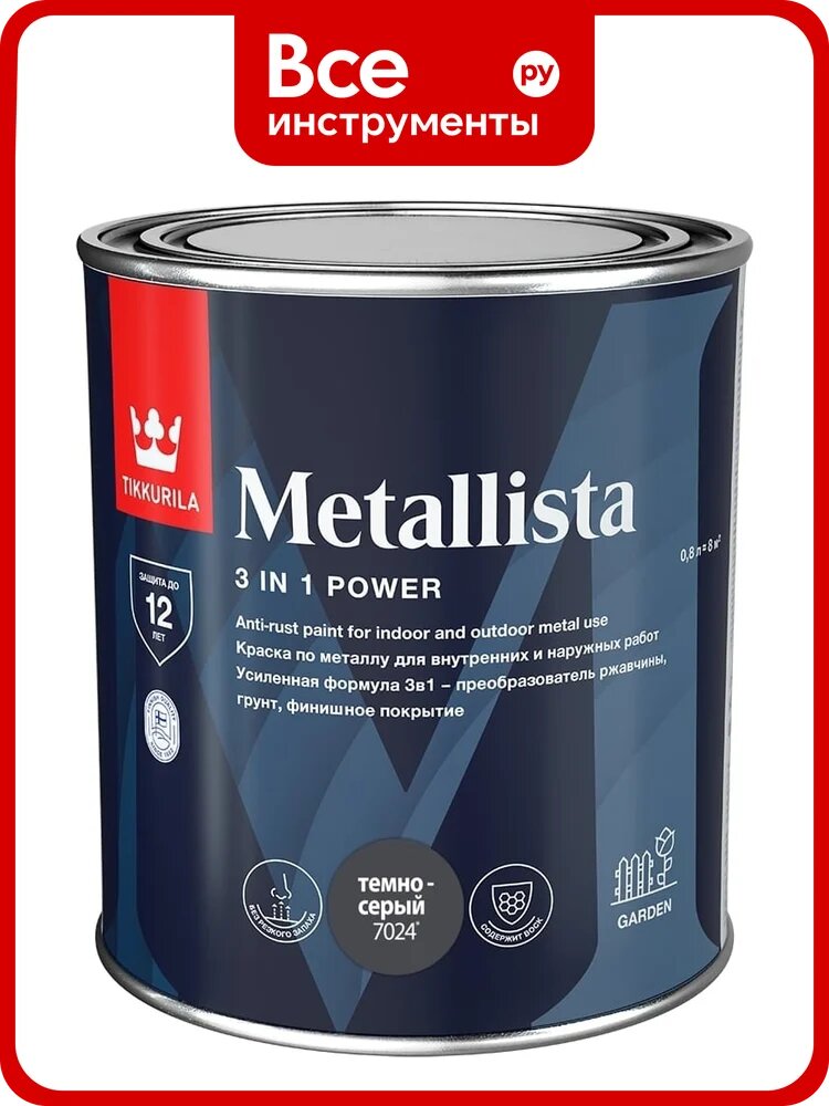 Краска по ржавчине Tikkurila METALLISTA серая/темно-серая, гладкая, 0.8 л 700014085