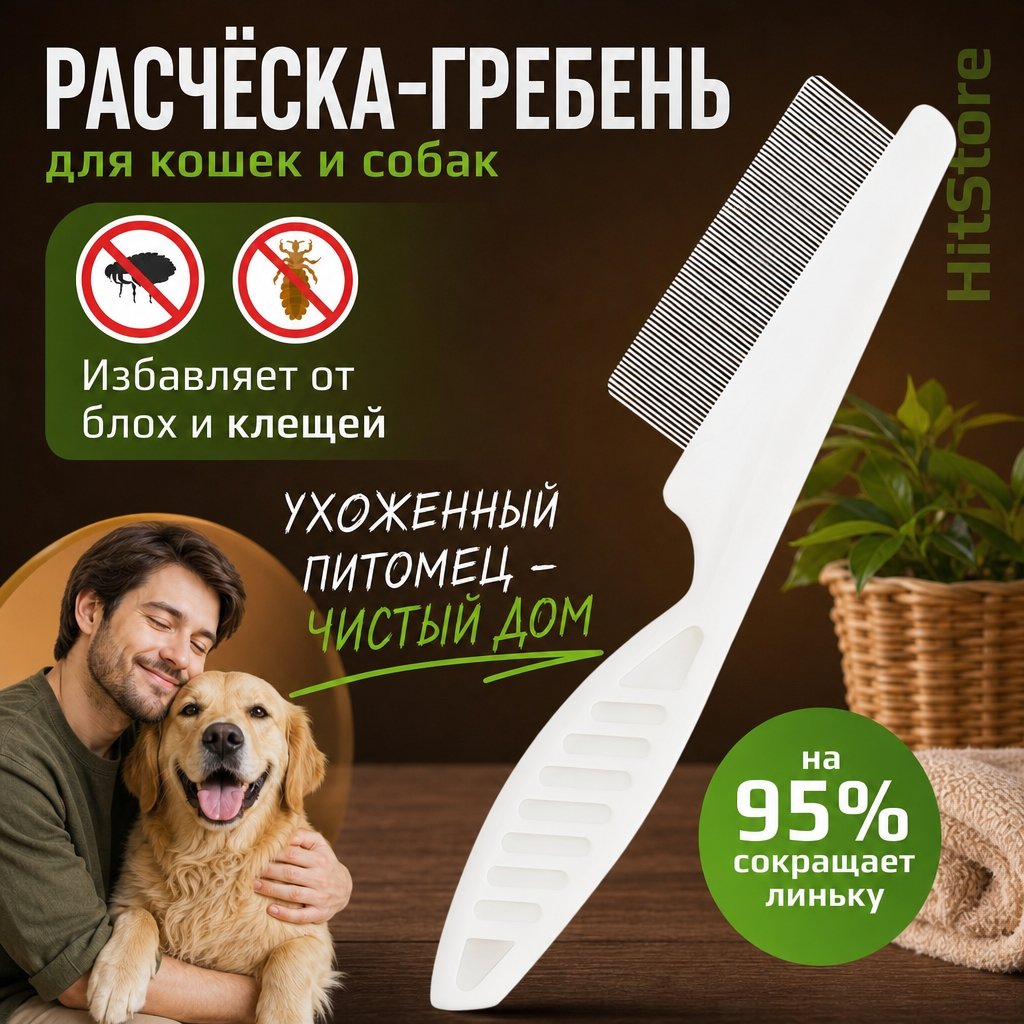 Профессиональная щетка для груминга кошек и собак, белый, для вычесывания блох и клещей