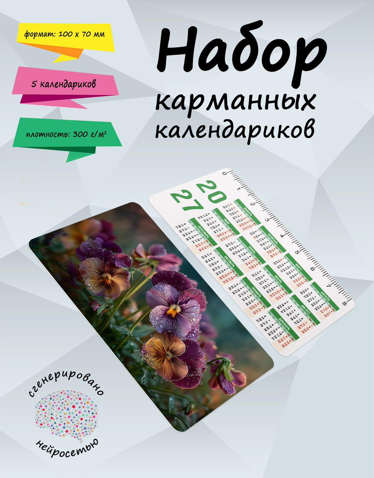 Комплект пластиковых карманных календарей с линейкой "Цветы"
