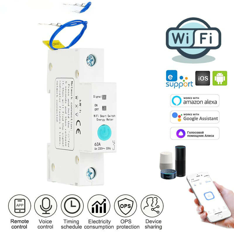 Умный WiFI выключатель (реле) на DIN-рейку 1P 63A (Работает с Алисой, eWelink)