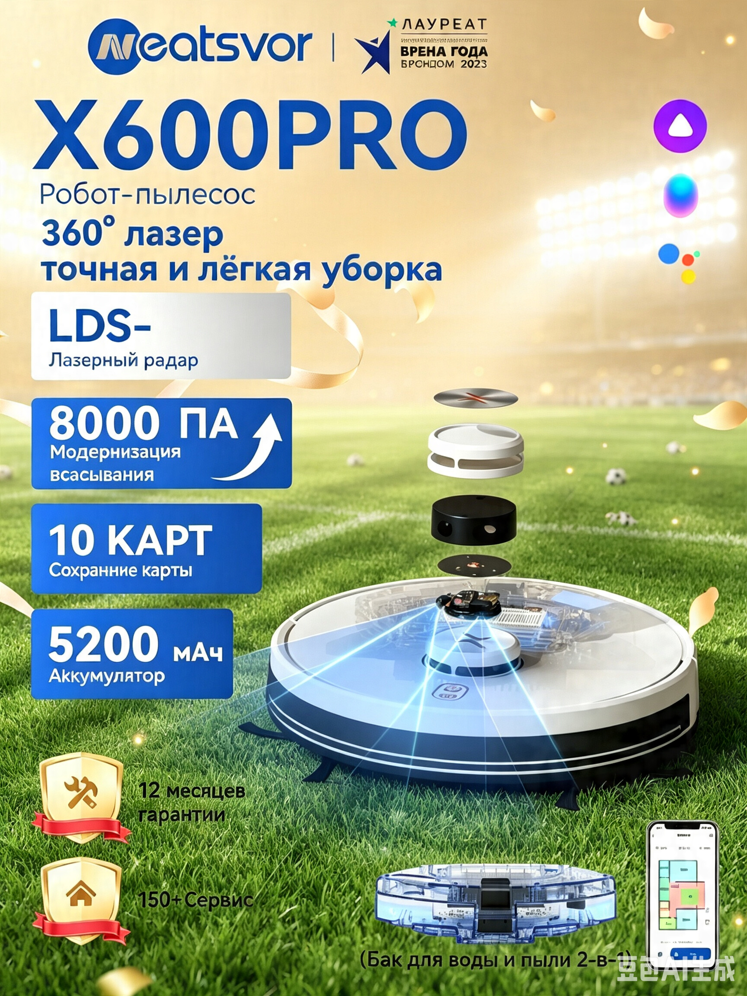 Робот пылесос с влажной уборкой Neatsvor X600 Pro сухая и влажная уборка, LiDAR, сасывание 8000 Па, Русская версия
