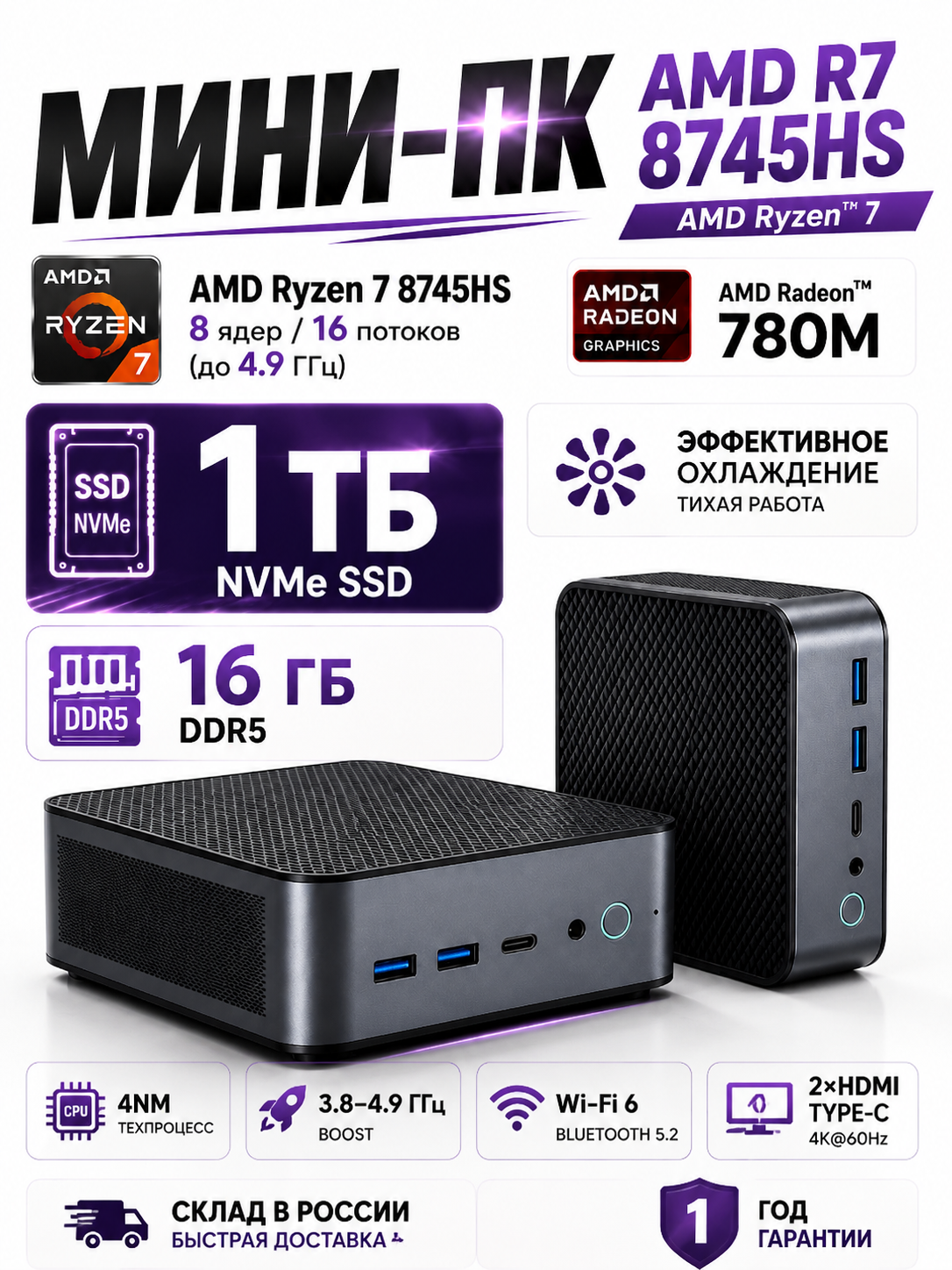 Компактный мини компьютер Ryzen 7 8745HS 16/1024 ГБ, Radeon 780M, Wi-Fi 6, Windows 11 Pro