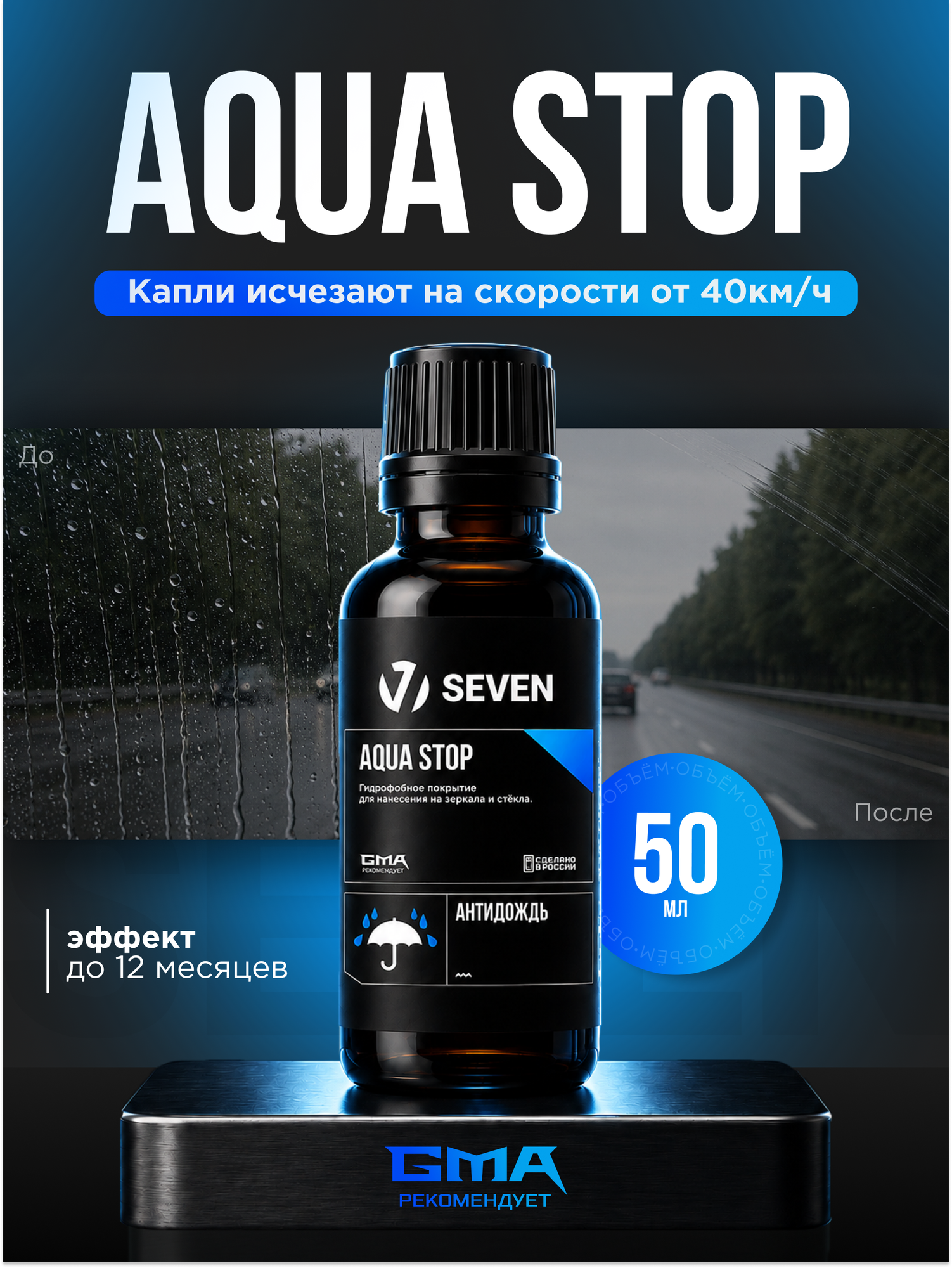 Гидрофобное покрытие для стёкол (антидождь) AQUA STOP SEVEN, 50 мл