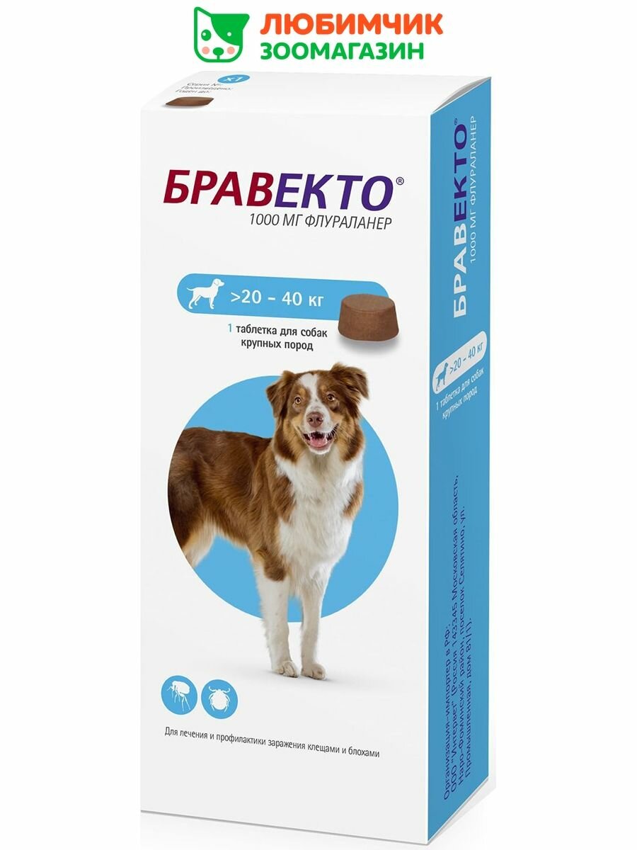 Intervet MSD Бравекто жевательная таблетка для щенков и взрослых собак 20-40 кг, от блох и клещей 1 таблетка