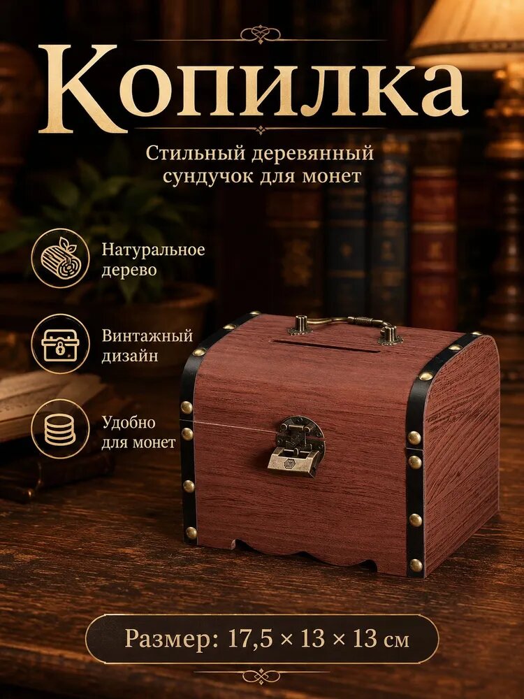 Копилка для денег "Сундук", 17.5смx13cmx13cm, из дерева, 1 шт