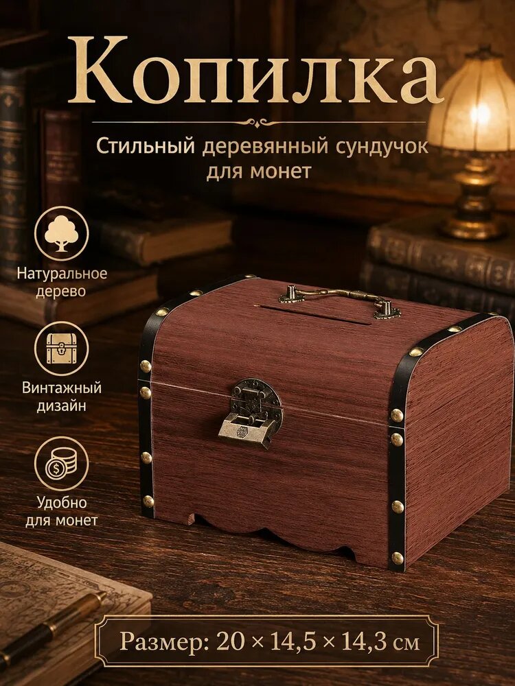 Копилка для денег "Стильный деревянный сундучок", 20х14.5х14.3 см, 1 шт