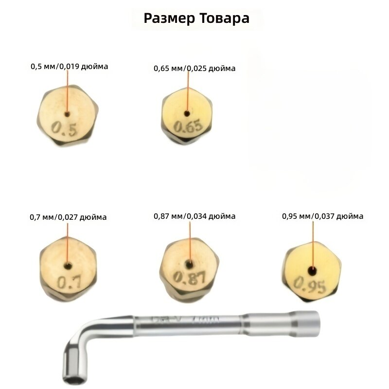 Набор латунных форсунок для газовой плиты, 6 шт: 5 сопел (0.5/0.65/0.7/0.87/0.95 мм) + ключ 7 мм