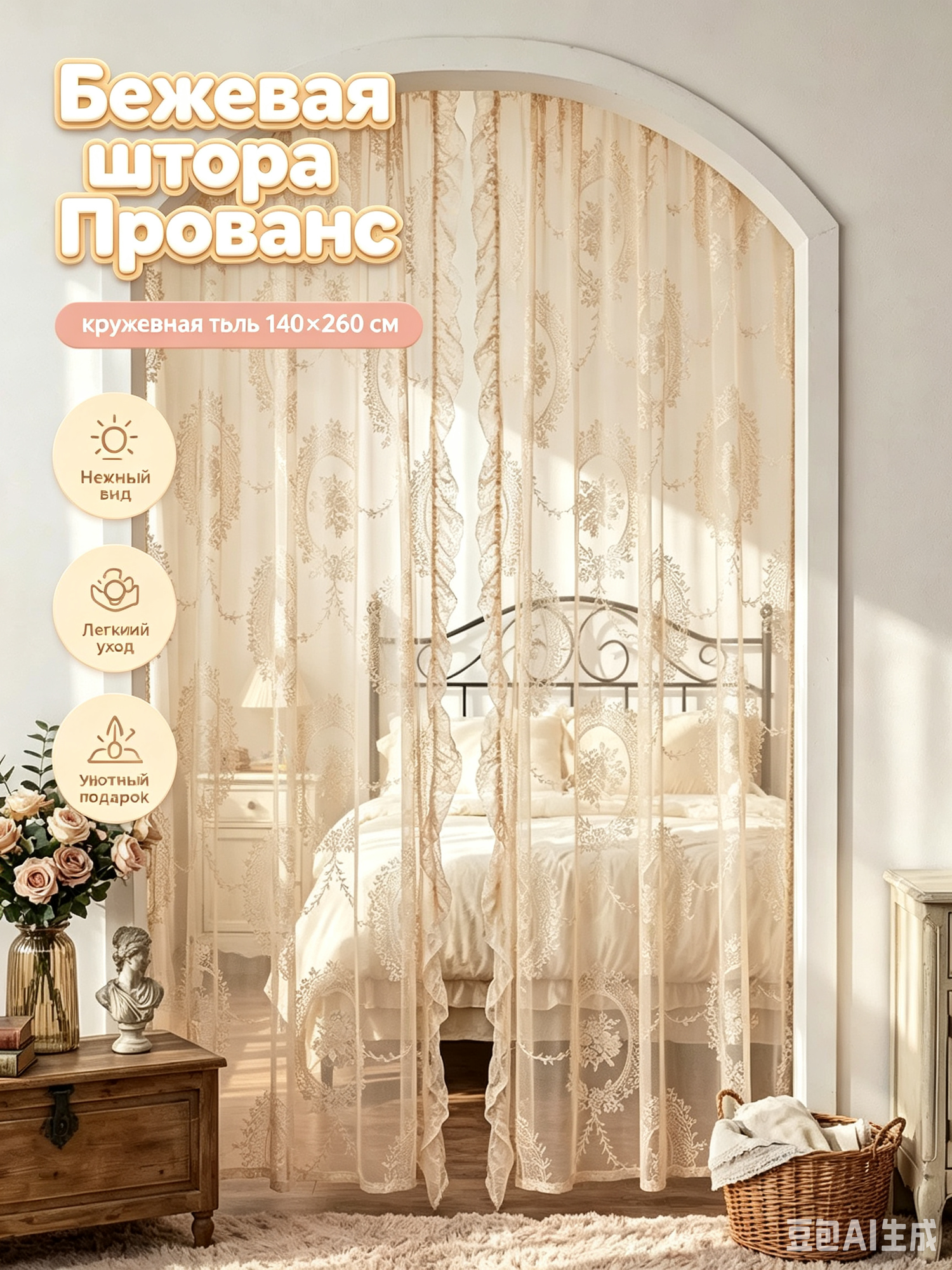 Бежевая кружевая штора Прованс с воланами для эркера 140×260 см, 1 шт.