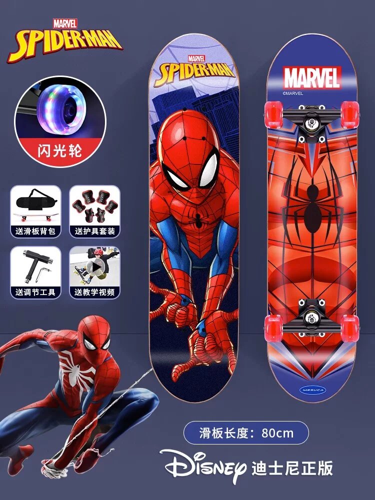 Скейтборд Disney Spiderman с блестящими колесами для детей 3-12 лет, профессиональный стартовый вариант