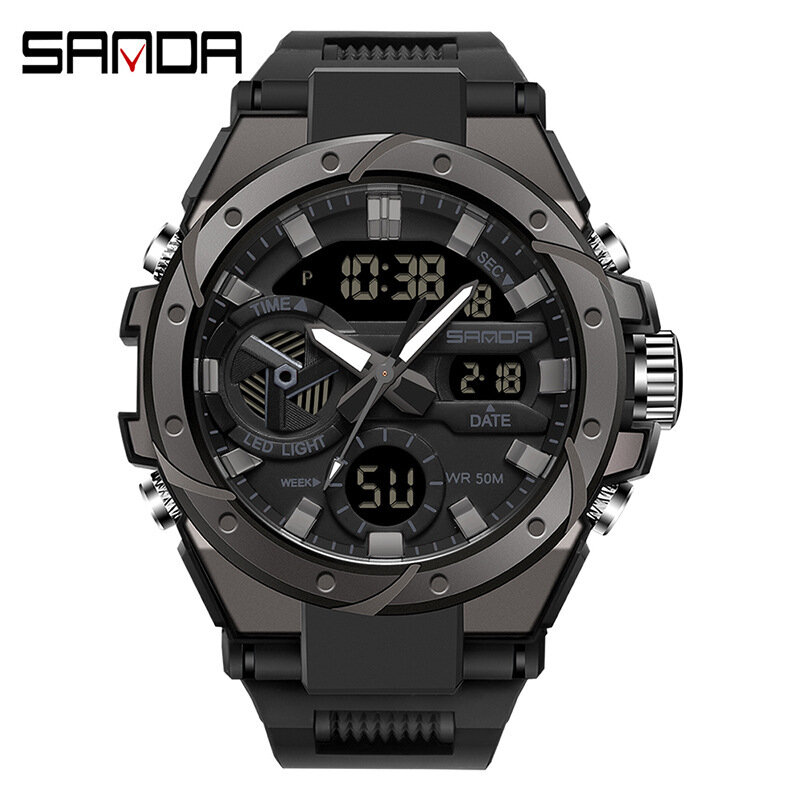 Sanda 3313 Черные Мужские Спортивные Часы Кварцевые С Коробкой Батареей Включена Одиночный Часы Бумажная Коробка