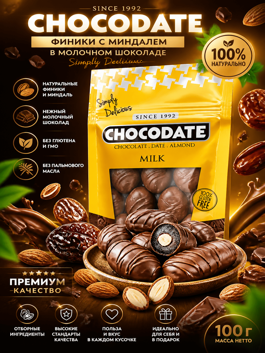 Конфеты Chocodate финики с миндалем в молочном шоколаде, 100г