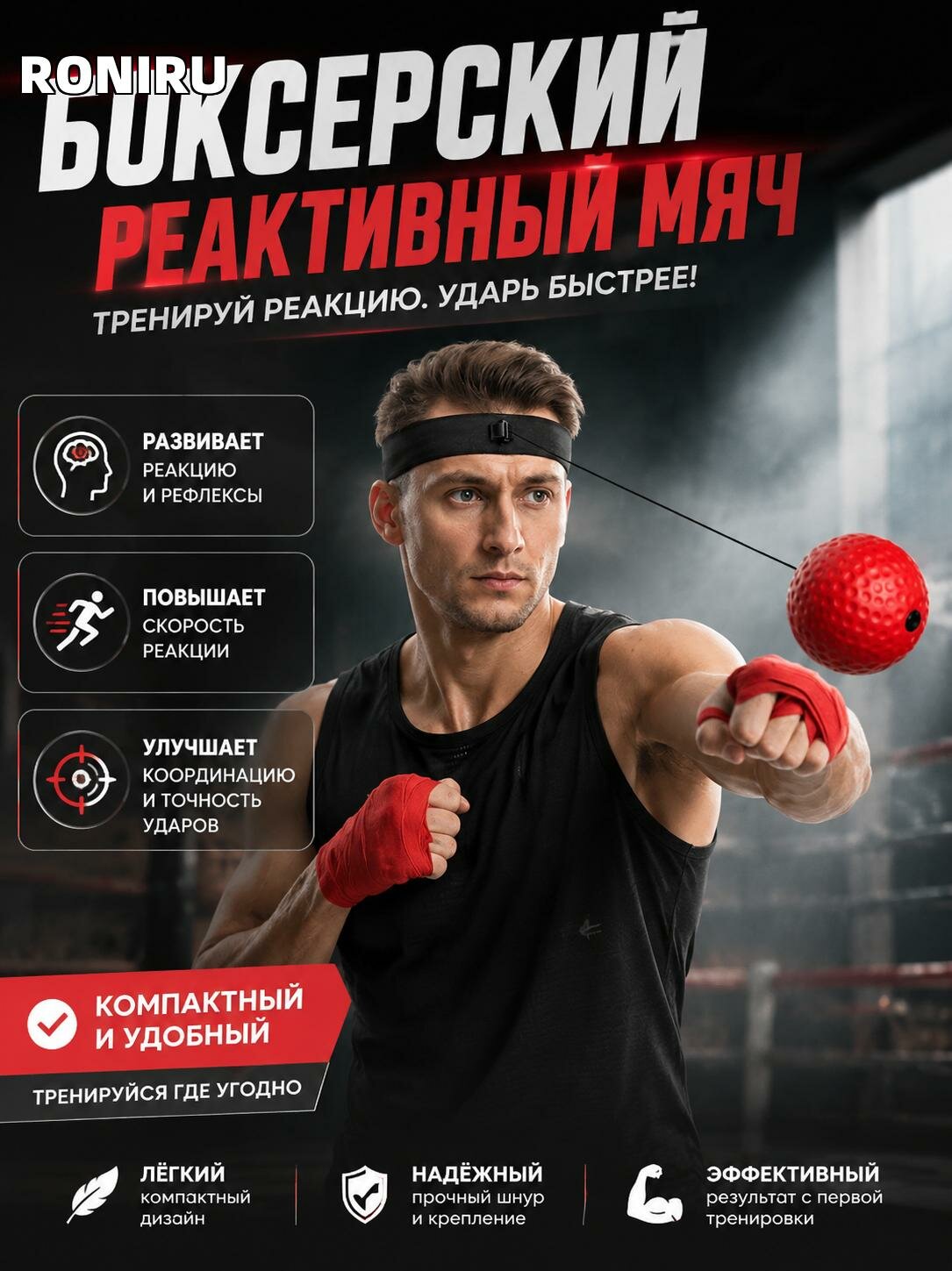 Боксерский реактивный мяч для отработки ударов и тренировки скорости реакции, координации и рефлексов компактный тренажер