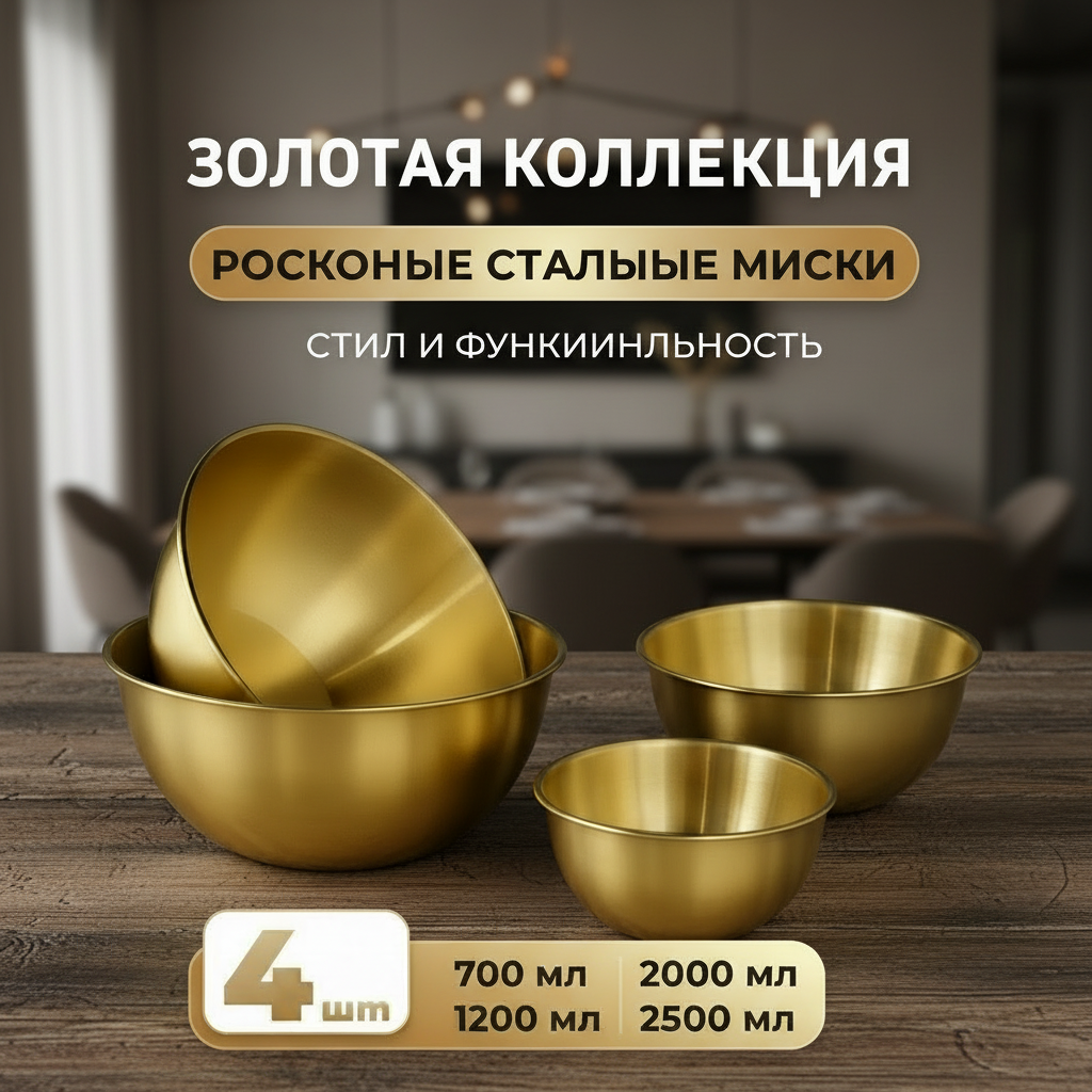Нержавеющая сталь Shiny Kitchen золото набор мисок 4х2.5 л