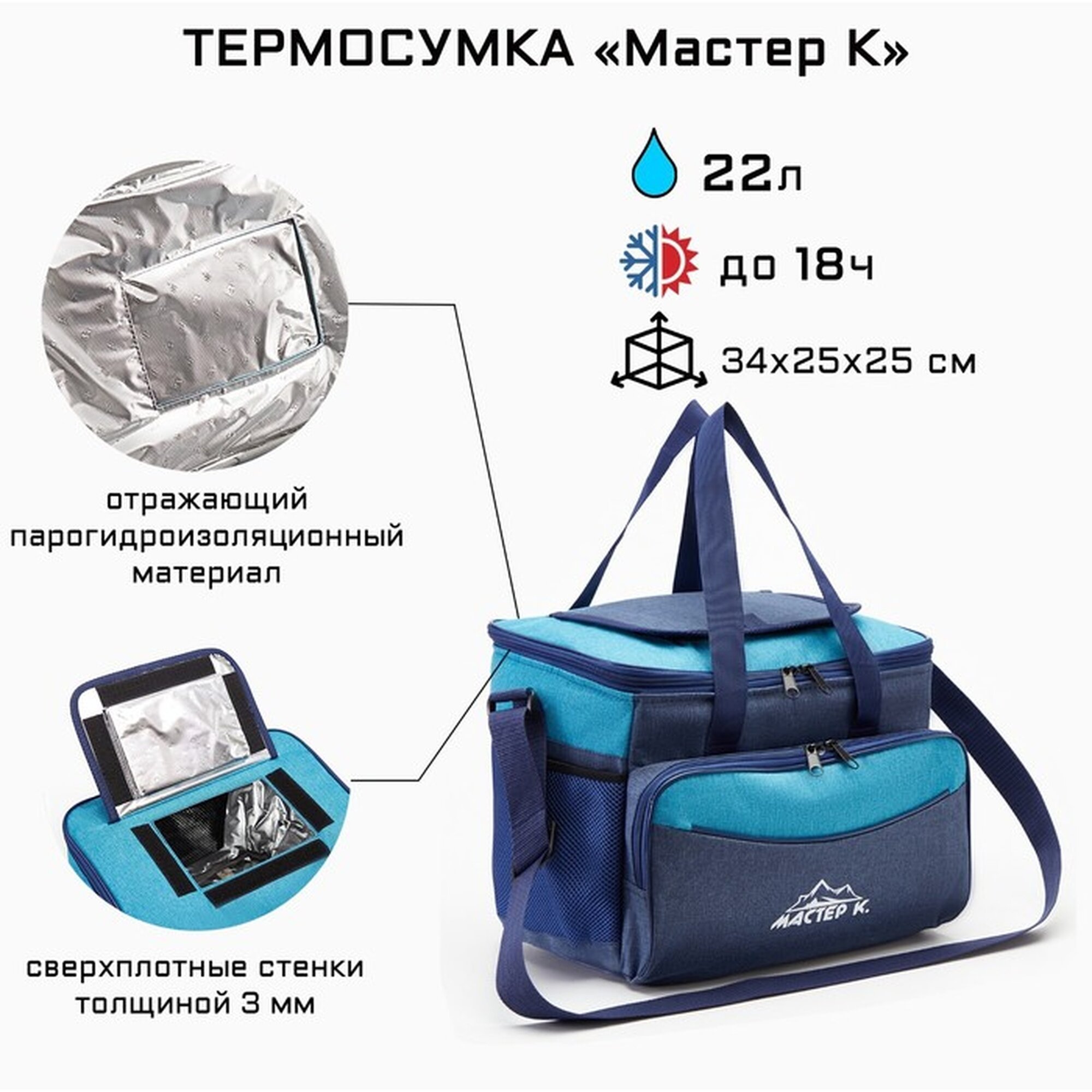 Термосумка Мастер К, объем 22 л, 34 х 25 х 25 см, ПВХ, голубая