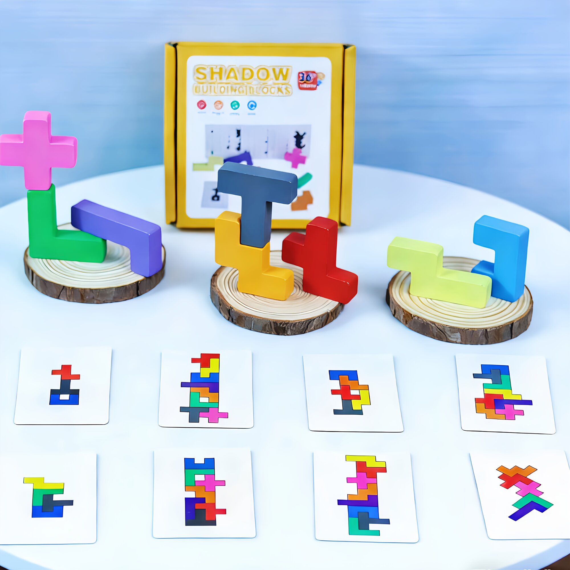 Набор для игры "Теневые блоки" 3D стереоскопическая головоломка, 8 цветных блоков, 18 карточек с заданиями, развивает пространственное мышление и координацию, соревновательная игра на время для двоих