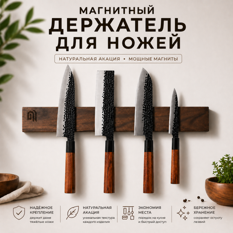 Магнитный держатель для ножей в деревянном исполнении (акация)