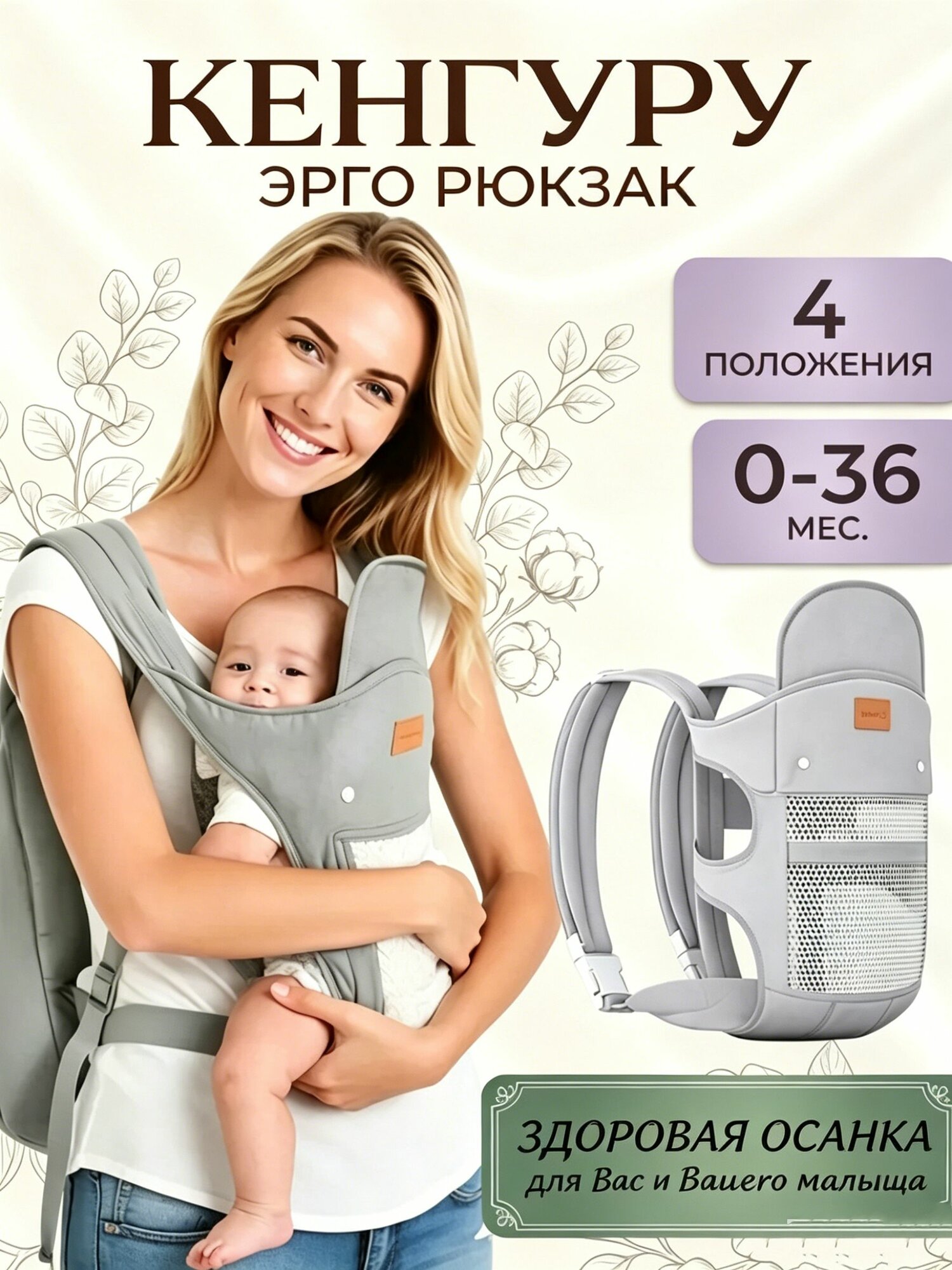 Эргорюкзак кенгуру 4 в 1 для новорожденных от 0 месяцев . Слинг-переноска для малышей , Рюкзак-переноска детский эргономичный