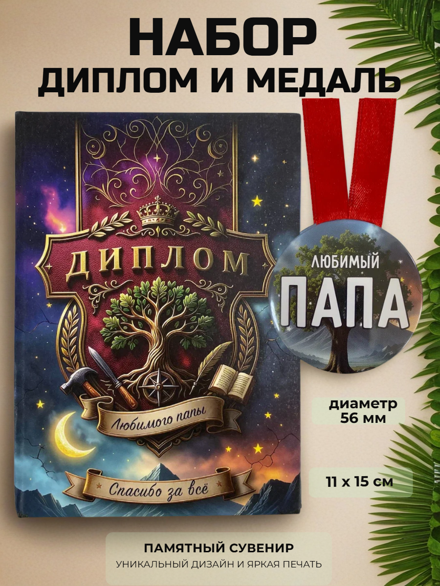 Шуточный диплом открытка "Любимого папы "и сувенирная медаль с атласной лентой, подарочный набор