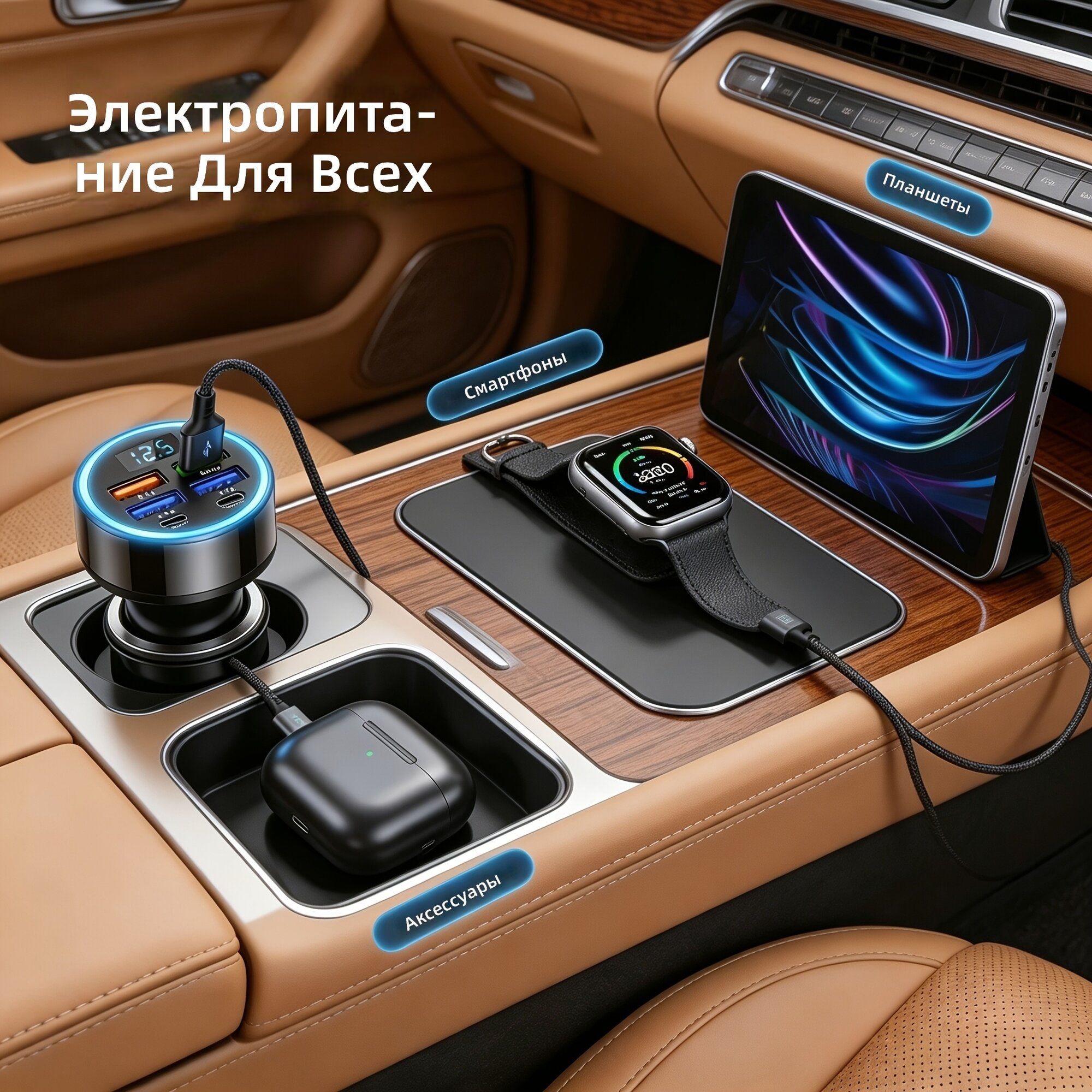 6 в 1 автомобильное зарядное устройство, 66W быстрая зарядка, 4 USB и 2 Type-C, универсальное для всех моделей