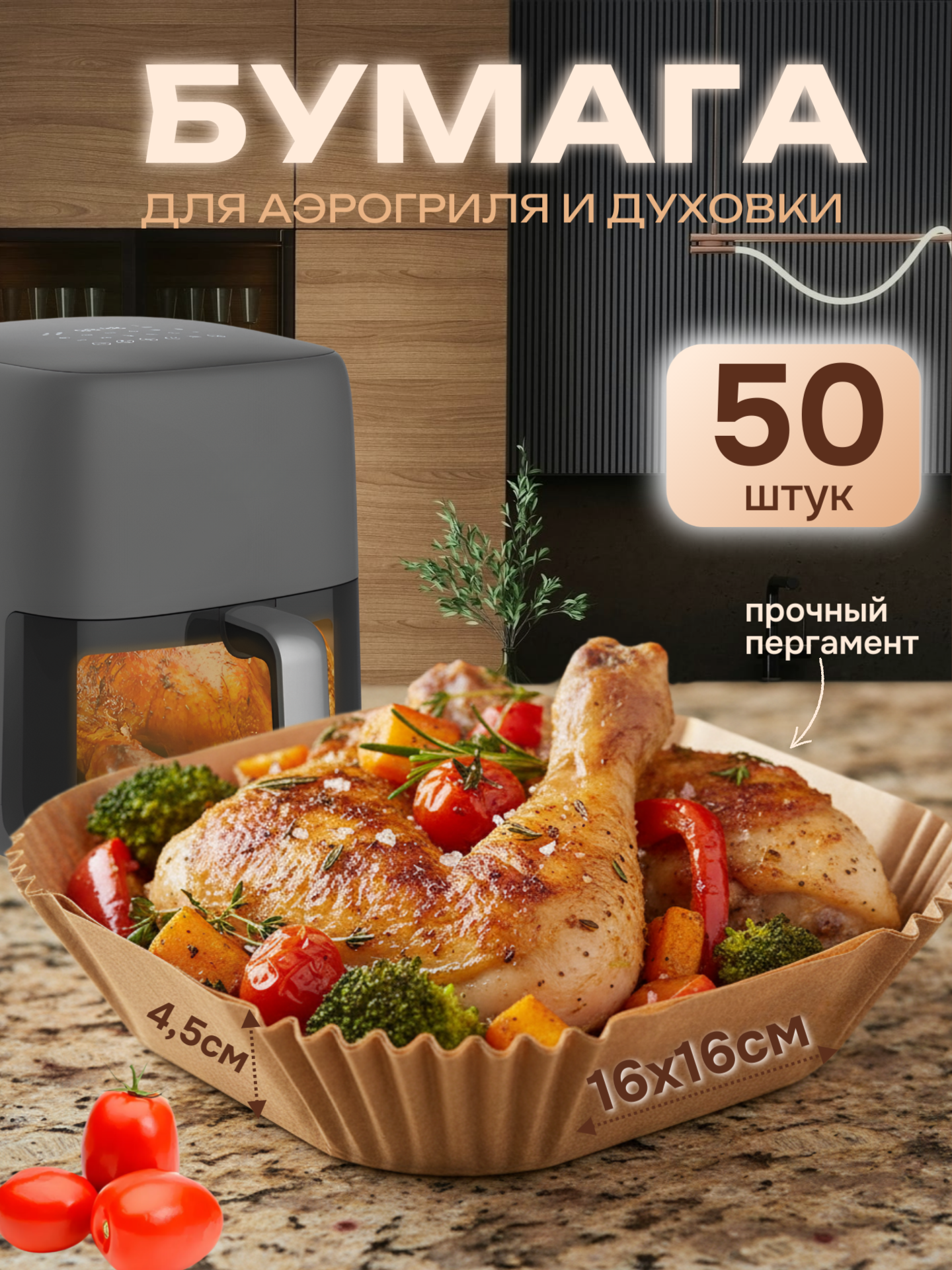 Бумага для аэрогриля, пергамент для выпечки, форма для запекания 16 см, 50 шт