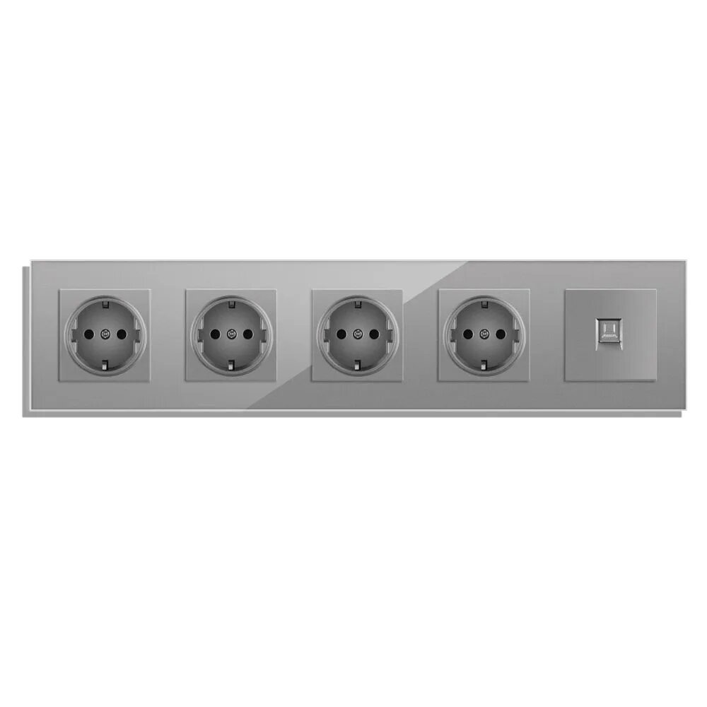 4 розетки + компьютерная розетка (RJ45-Cat.6), 5 постов, стеклянная рамка 370x86 мм, серая.