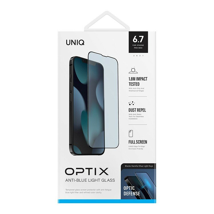 Uniq защитное стекло для iPhone 13 Pro max | 14 Plus, OPTIX Anti-Blue light черная рамка