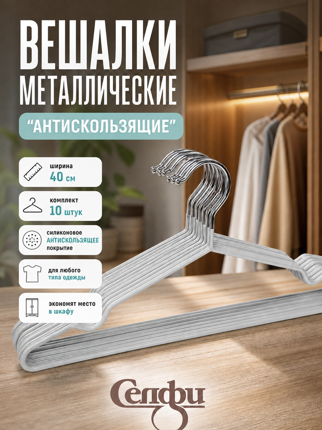 Плечики металлические 40см, нескользящие, серые, 10шт «тартитан», комфорт и качество