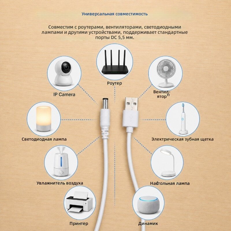 Кабель питания DC 5.5x2.1 мм на USB, прямой разъем, 50 см, медный, для LED-вентилятора и роутера