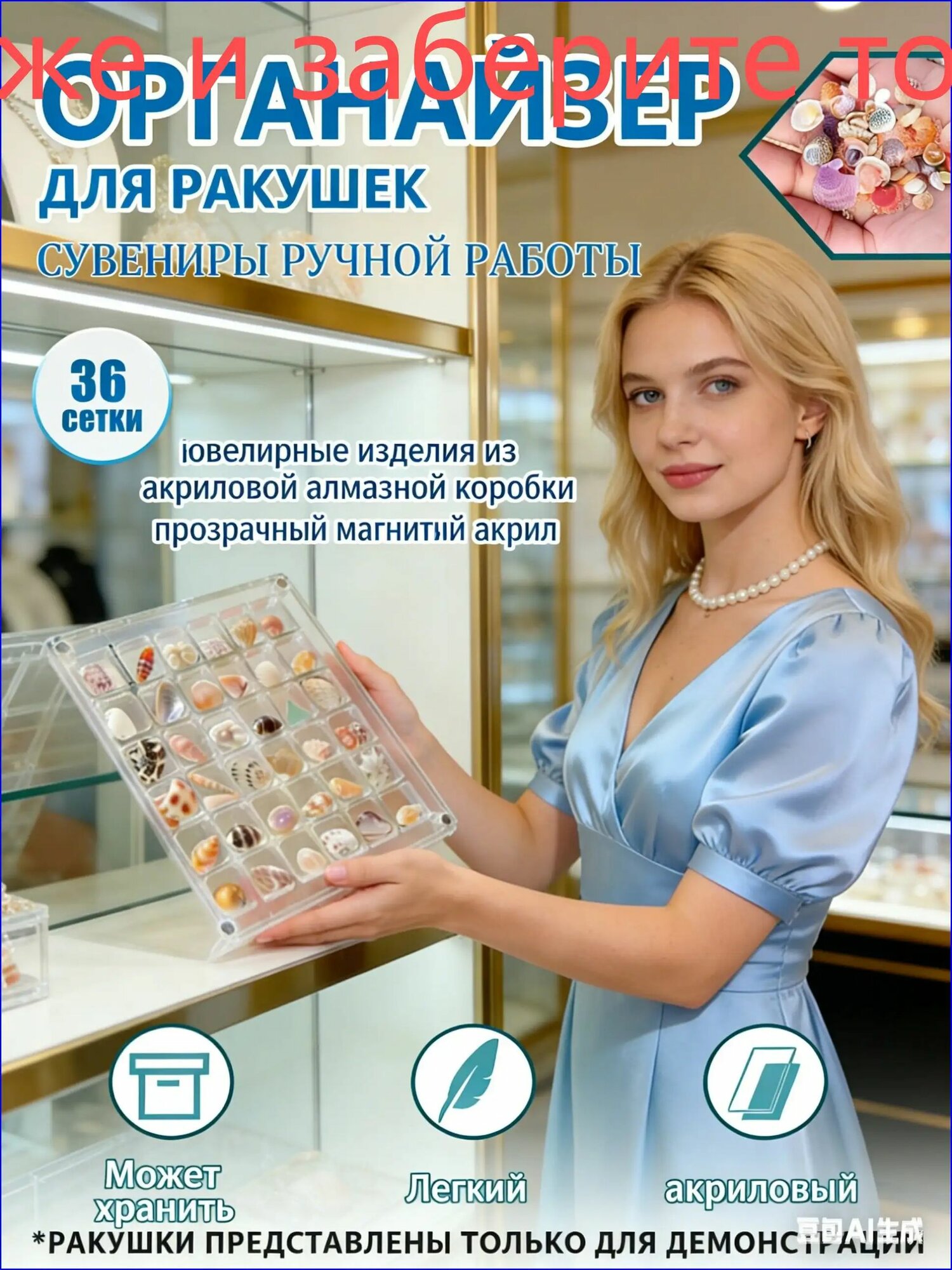 Шкатулка для драгоценностей, ювелирные изделия из акриловой алмазной коробки, Коробка для хранения ракушек, 36 ячеек, 12*12 сморганайзер для камней