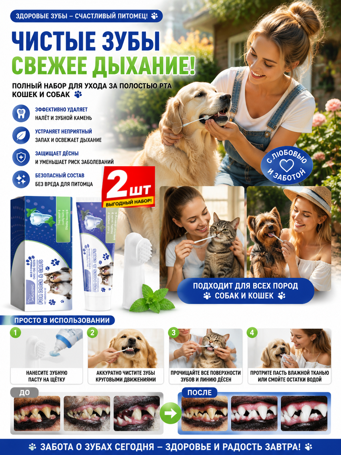 Набор для гигиены полости рта собак и кошек 130 г (2 шт), зубная паста и щетка для чистки зубов