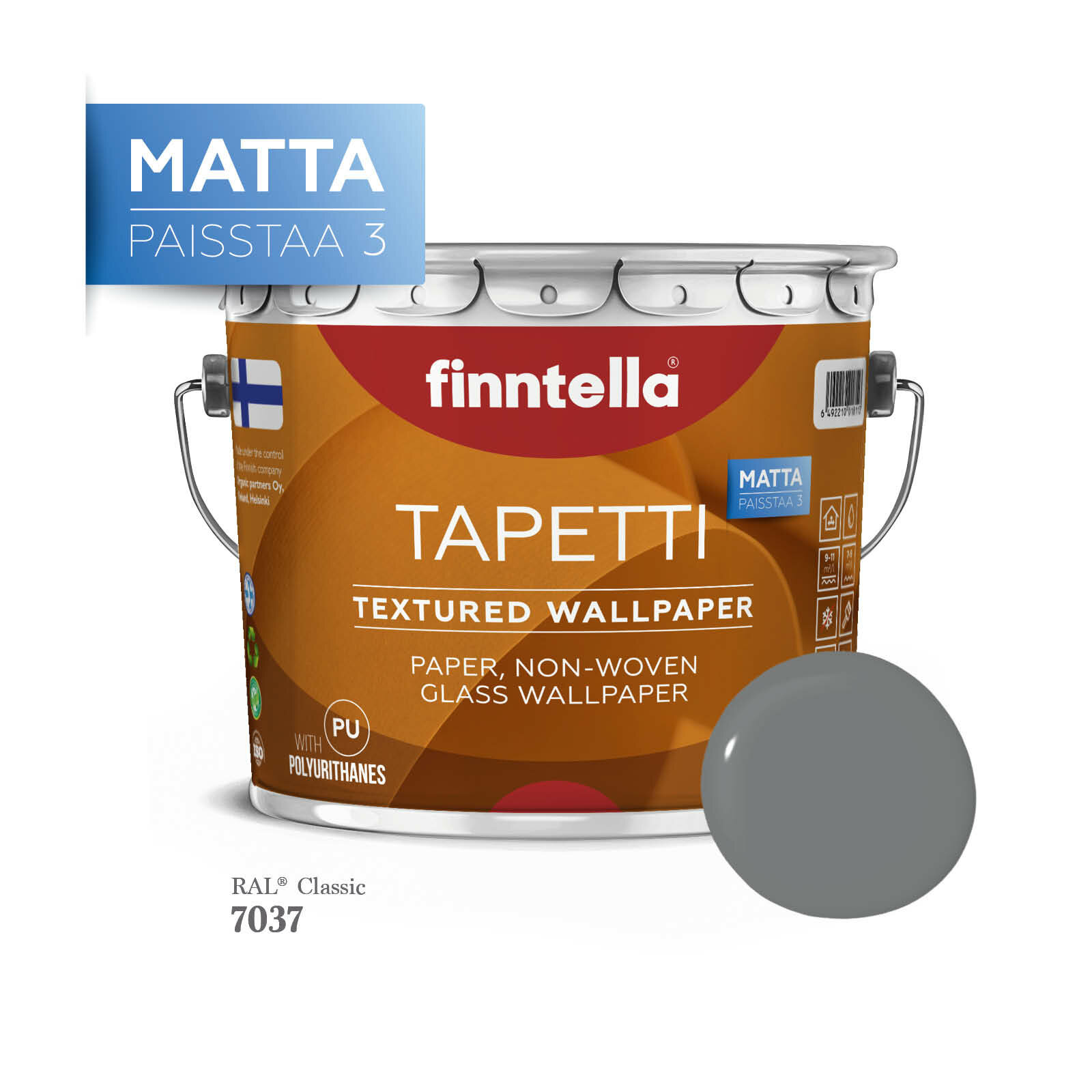 Матовая краска для обоев под окраску TAPETTI Matta FINNTELLA, Цвет RAL 7037 Пыльно-серый (Dusty grey), 2,7л