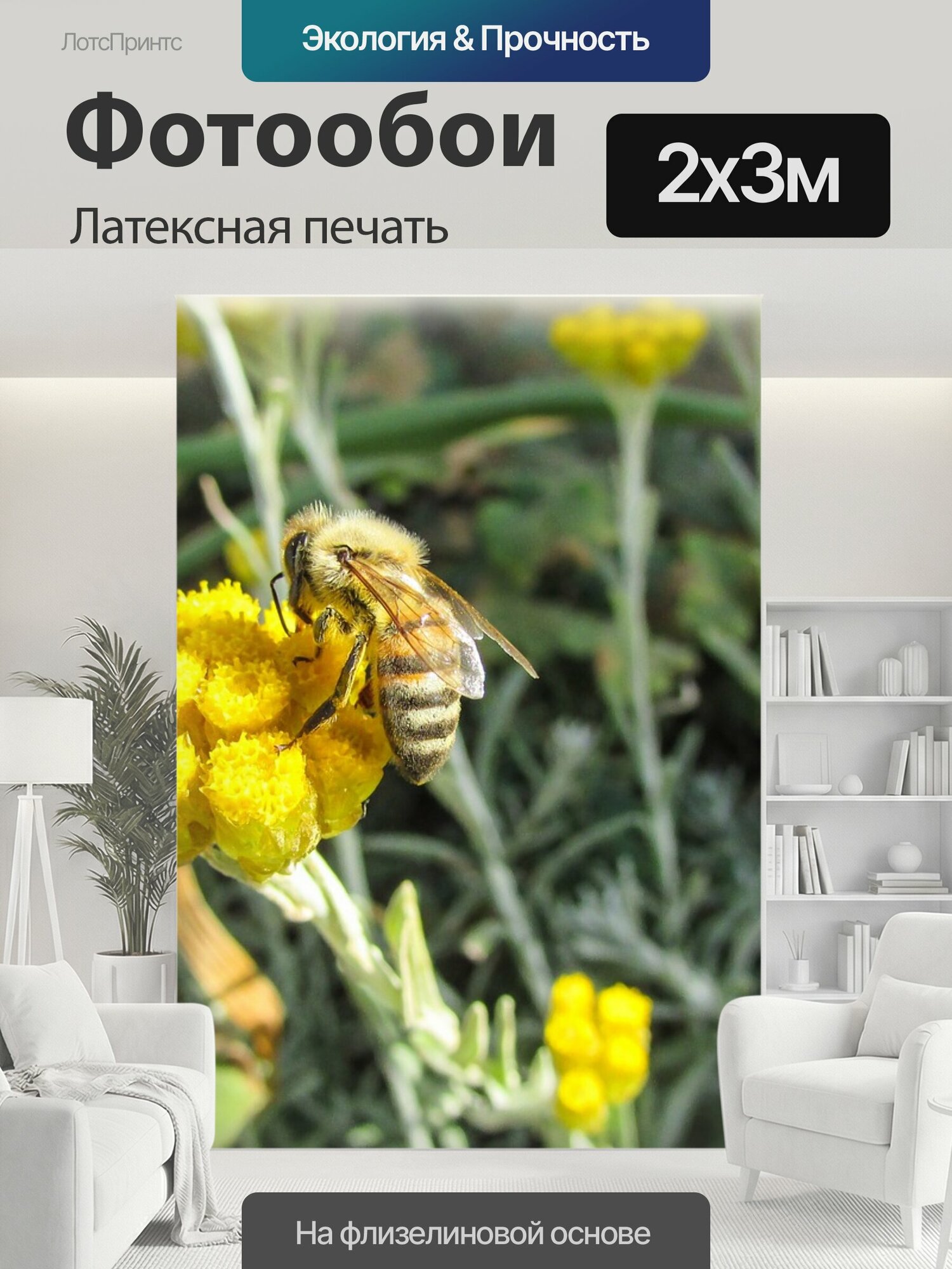 Фотообои моющиеся ударопрочные "Пчела, насекомое, природа" 200x300 см. латексная печать