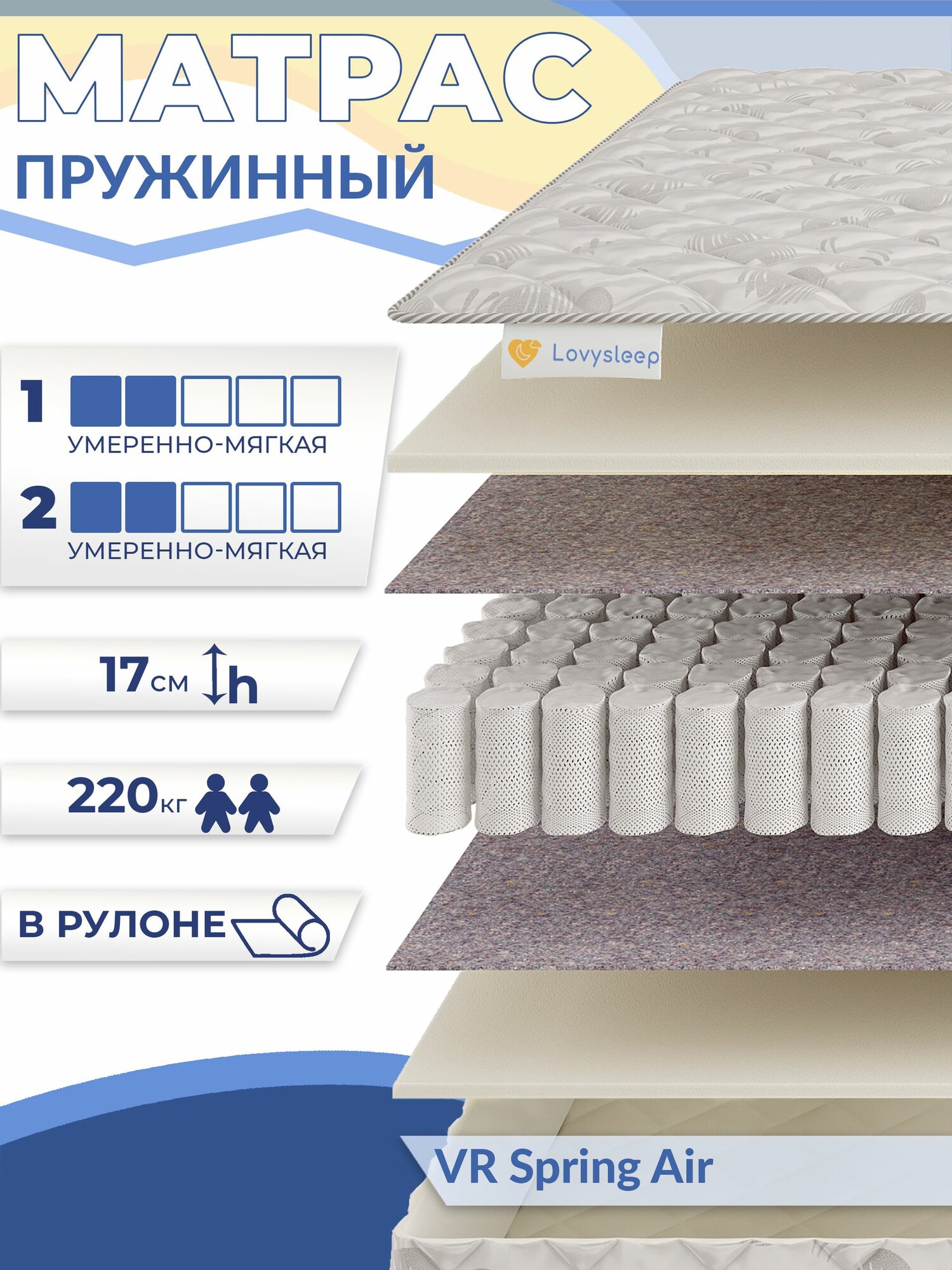Матрас VR Spring Air 75х200 см, независимые пружины, 17 см, односпальный, двусторонний, умеренно-мягкий, в рулоне
