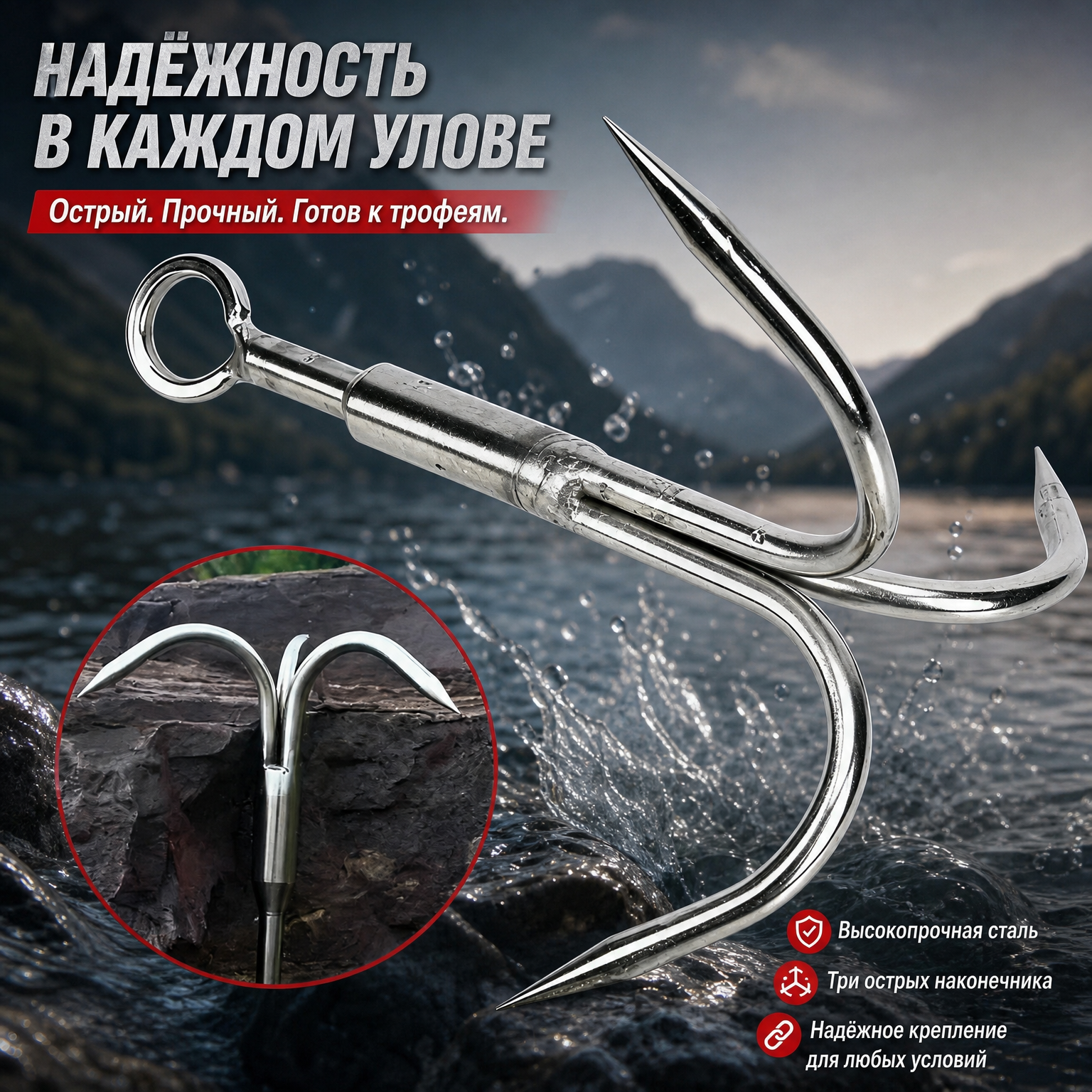 Якорь-кошка трёхлапый из высокопрочной нержавеющей стали, для очистки дна от водорослей и поиска потерянных рыбацких снастей, острый и надёжный крюк для рыбалки и подводной охоты (Длина: 180 мм)