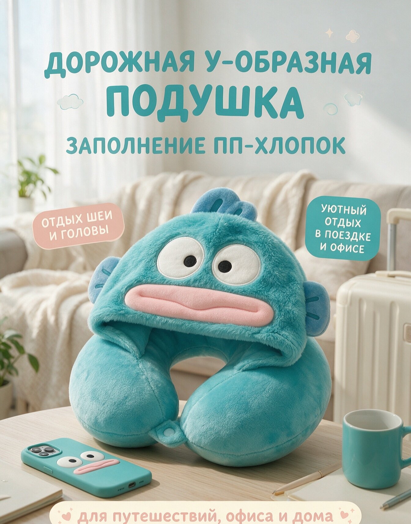 Одна дорожная подушка для взрослых с изображением мультяшного клоуна‑рыбы.