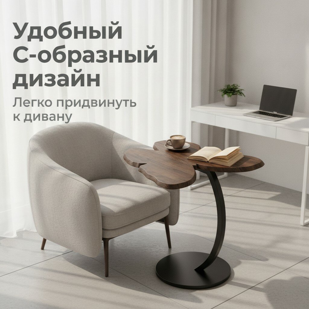 Приставной столик, С-образный с фигурной столешницей под орех, черная металлическая опора, для дивана и кресла