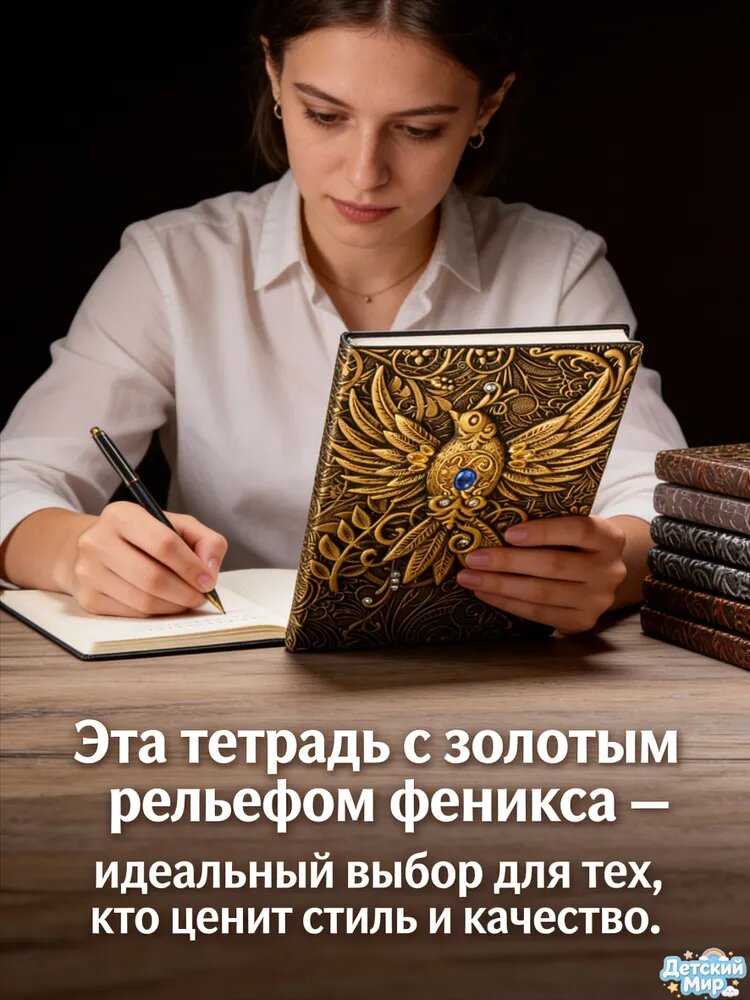 Блокнот А5, 100 листов, искусственная кожа, дизайн с фениксом, серый металлик — фото 1