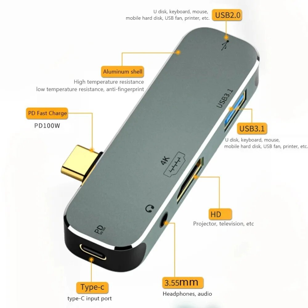 USB-хаб 5-в-1 серый для ноутбука