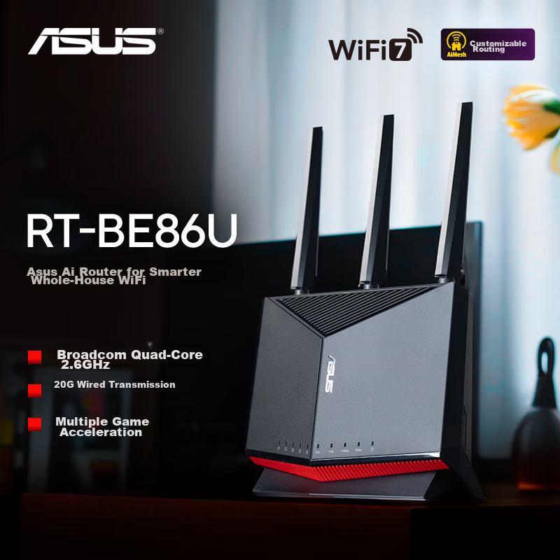 ASUS RT-BE86U Router for Home And Gaming, Supports IPhone 16 Pro, WiFi 7, 10 Gigabit Port + 4*2.5G Ports, Ai Router for Whole-House WiFi, Flexible Configuration