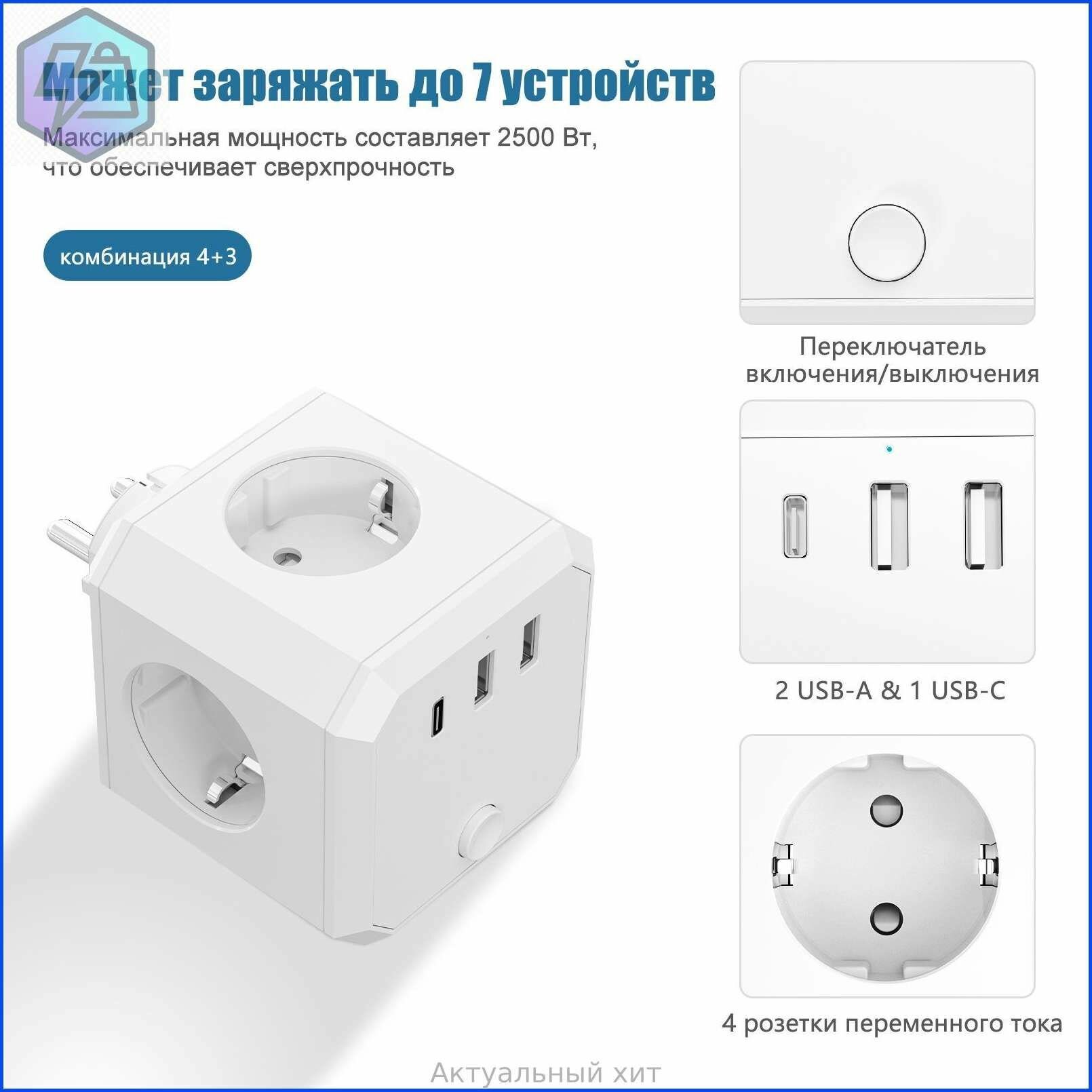 HITRENDS Тройник для розетки, быстрая зарядка, разветвитель на 4 гнезда + 2 USB и 1 TYPE-C