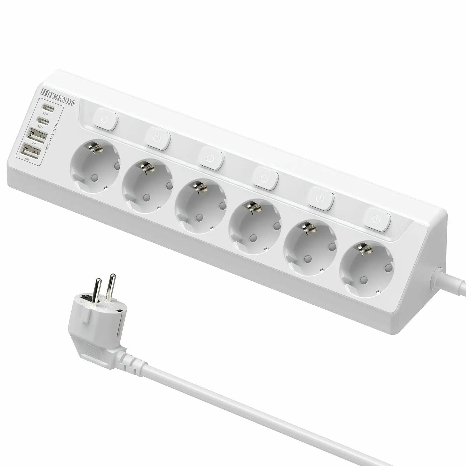 HITRENDS Удлинитель с 6 розетками и 2 USB + 2 Type-C, индивидуальные выключатели, защита от перегрузки, 4000W 16A 250V, огнестойкий и пылезащитный, кабель 2 м