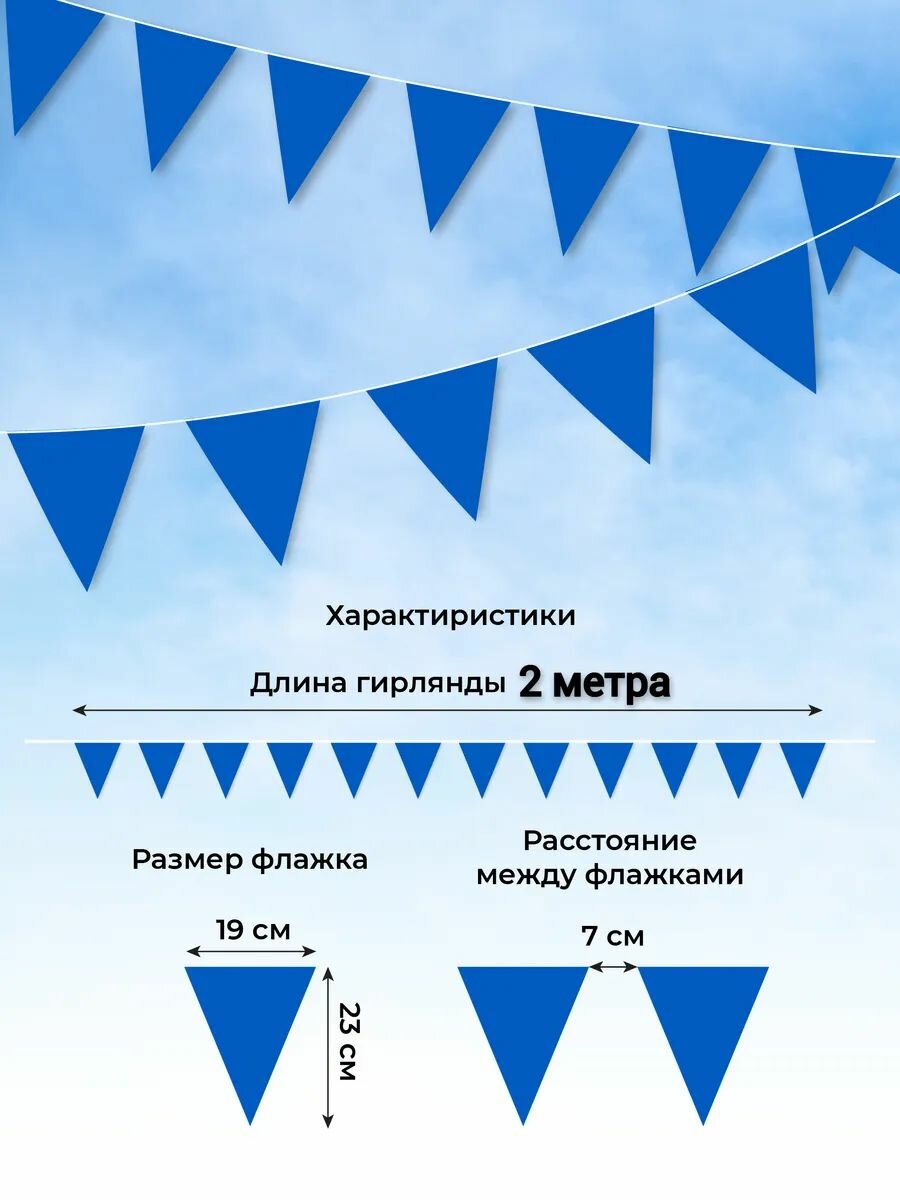 2м, Текстильная синяя гирлянда из флажков